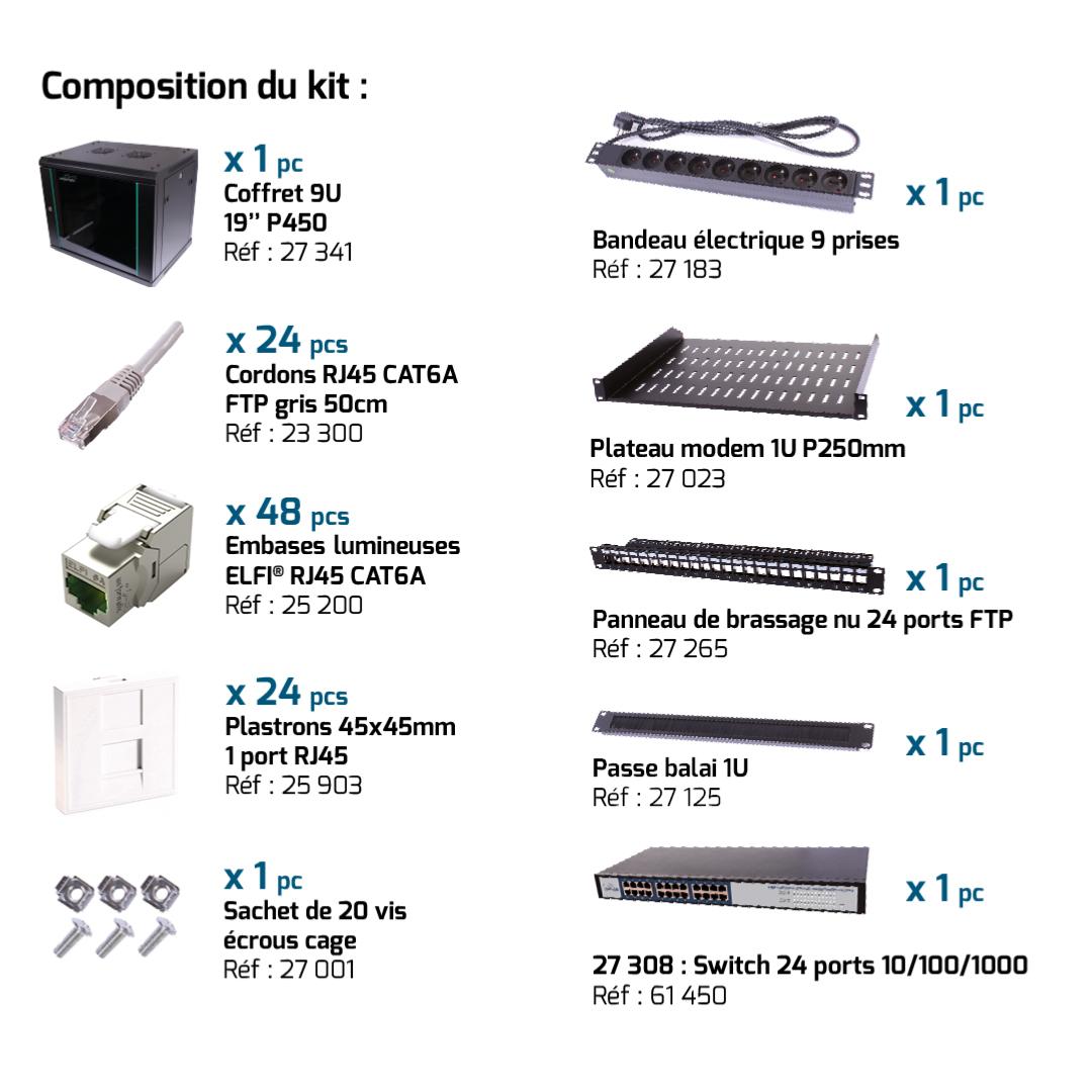KIT COMPLET COFFRET RESEAU 19 POUCES 9U - SWITCH GIGABIT